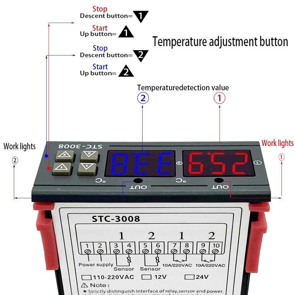 STC-3008 Digital Thermometer Controller Two Relay Output With Probe 12V 24V 220V